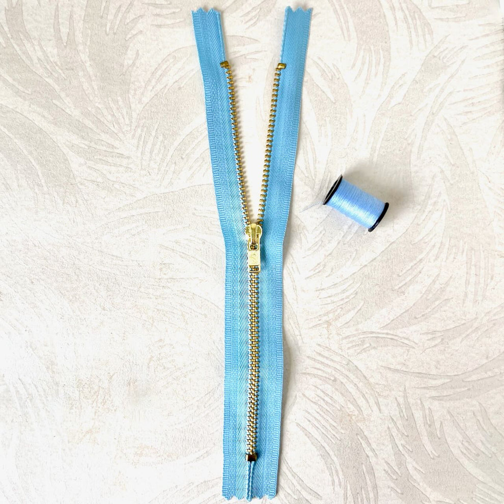Aqua Blue, Gold 7" Zipper & Thread – Vintage Trims